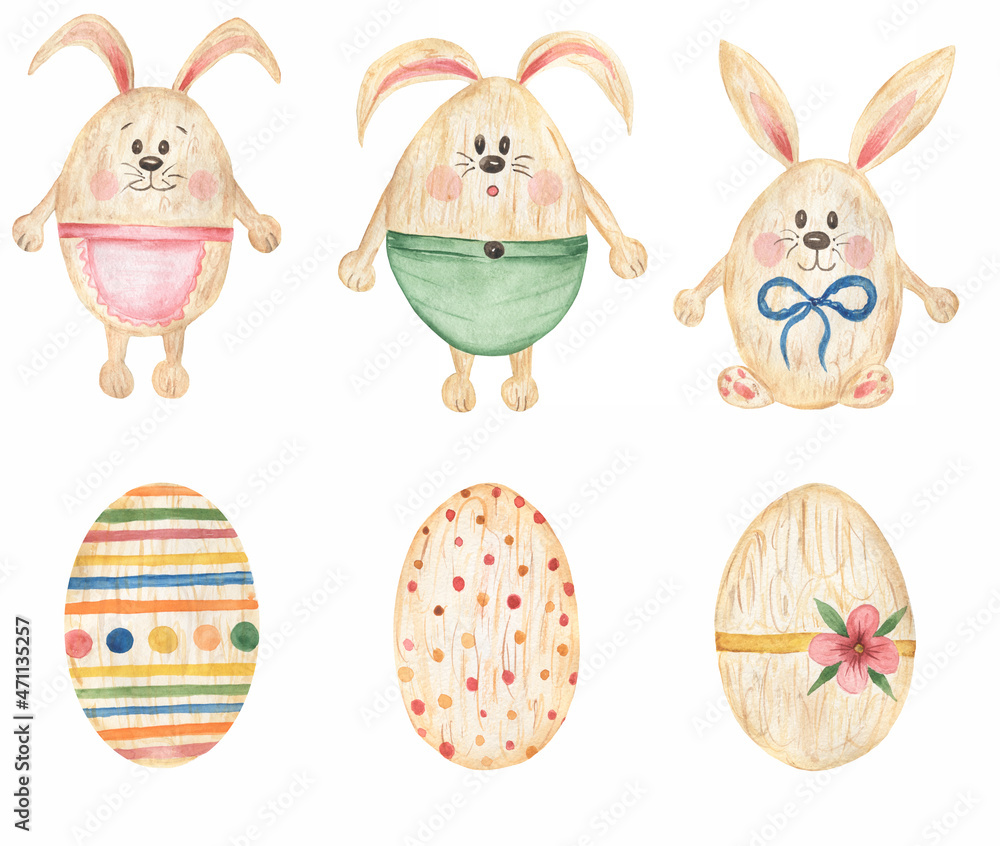 Cute Bunny and easter eggs Clipart set, Watercolor wooden style animal ...