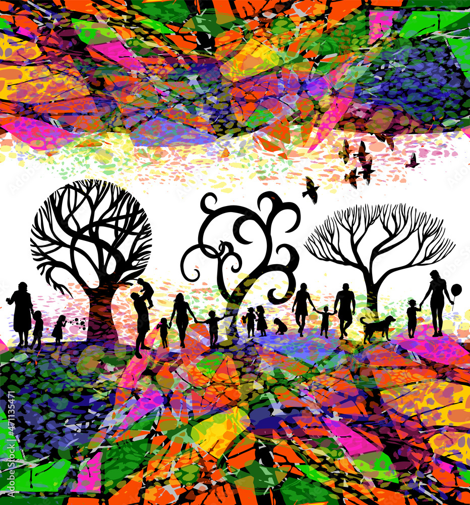 Abstract background with trees and family silhouettes. Vector ...