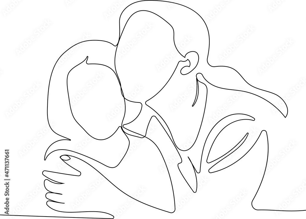 Continuous line little girl child hug cuddle happy young mother show ...