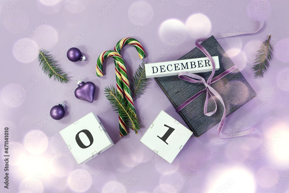 Calendar for December 1: name of the month in English, numbers on cubes ...