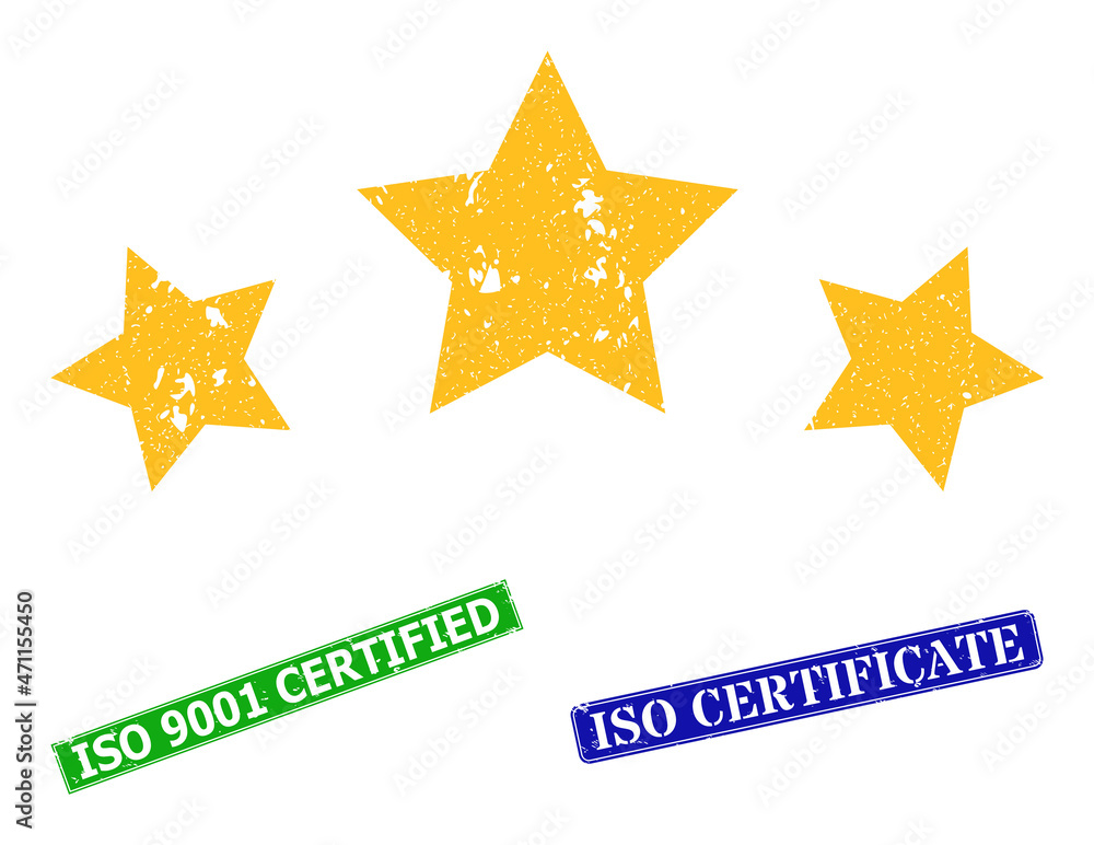 Grunge star rating icon and rectangular rubber ISO 9001 Certified stamp ...