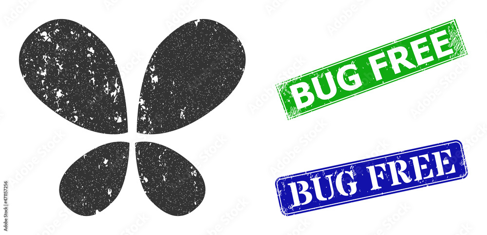 Grunge butterfly icon and rectangle scratched Bug Free seal stamp ...