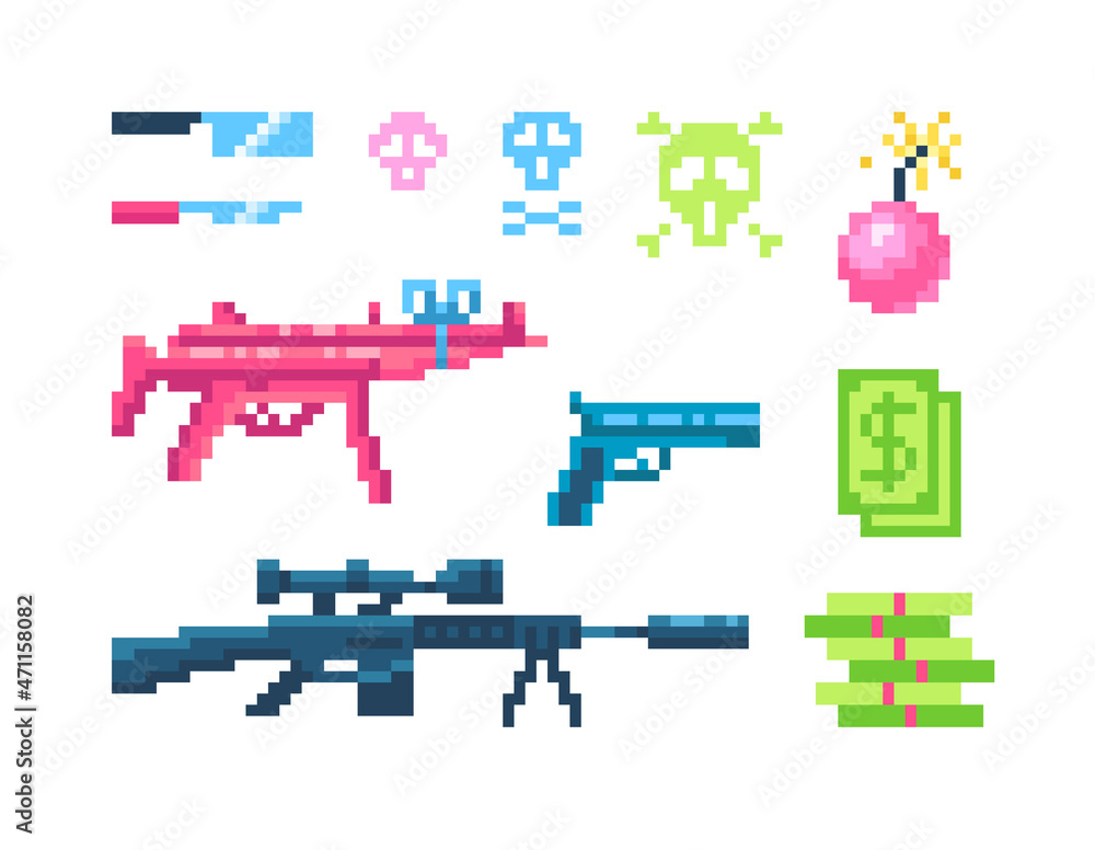 A set of weapon icons in pixel art style. Guns, money, knife and other ...