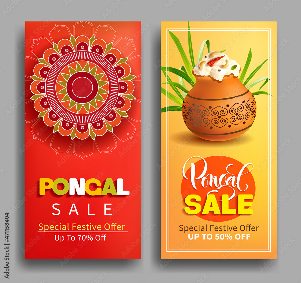 Sale banners for Pongal (Makar Sankranti) festival with rangoli (kolam ...