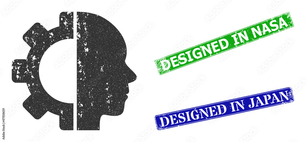 Grunge cyborg head icon and rectangular dirty Designed in NASA seal ...