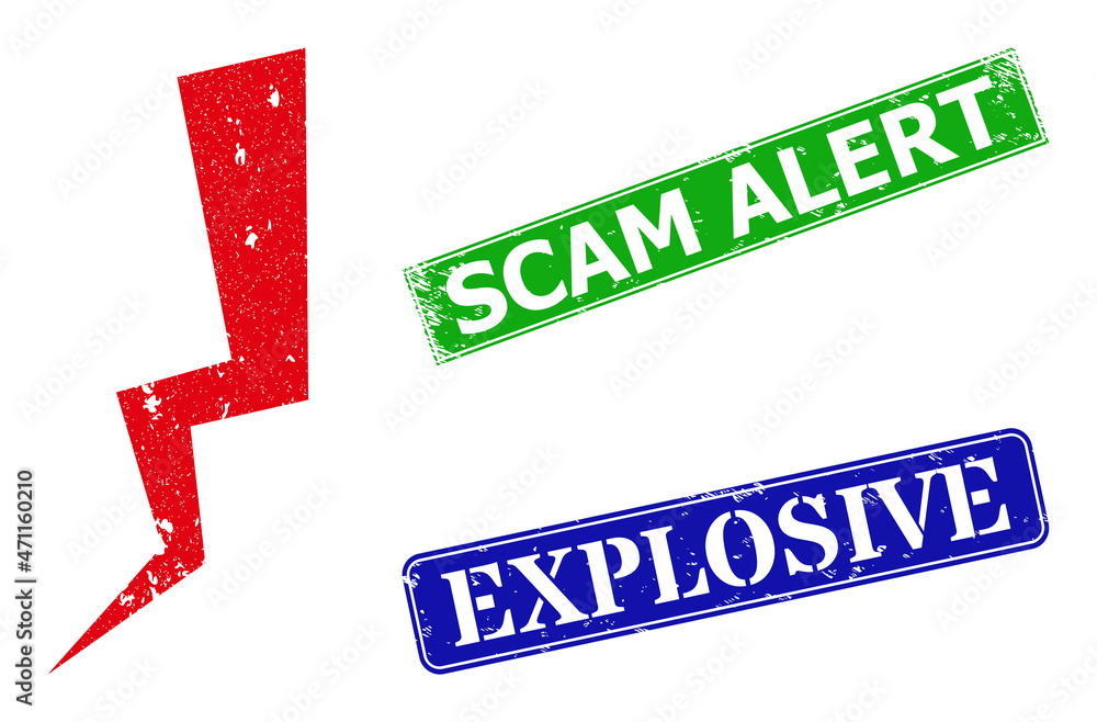 Grunge electrical break icon and rectangle textured Scam Alert seal ...