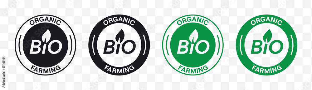 Bio labels vector set. Black and green bio food stamp icons. Isolated ...