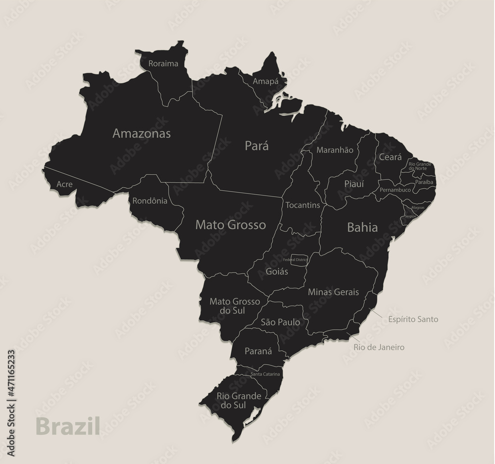 Black map of Brazil with names of regions, design blackboard vector ...