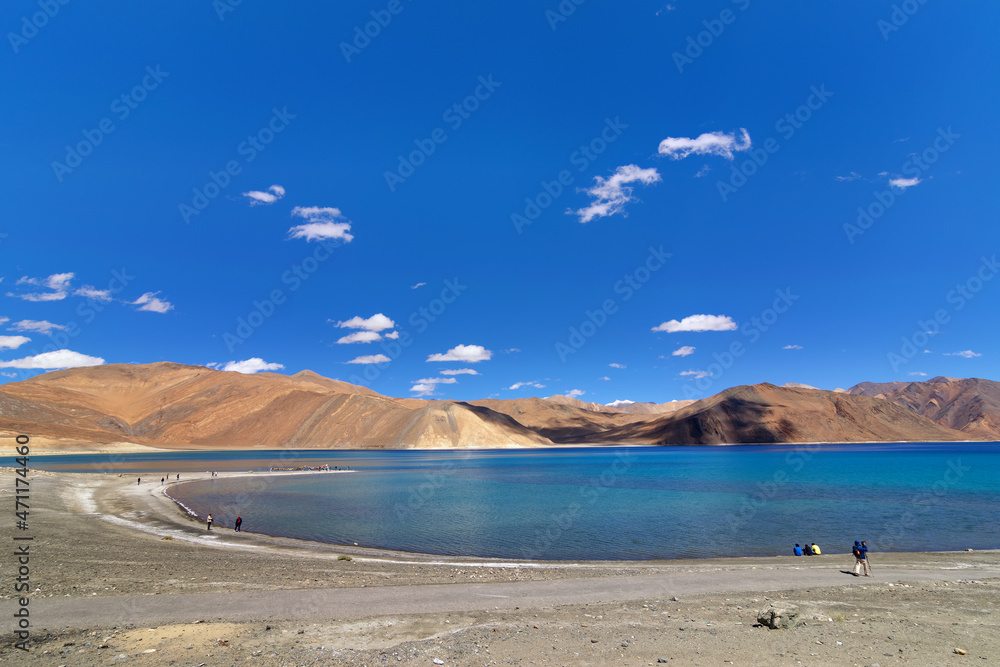 Mountains and Pangong tso (Lake). It is huge lake in Ladakh, shared by ...