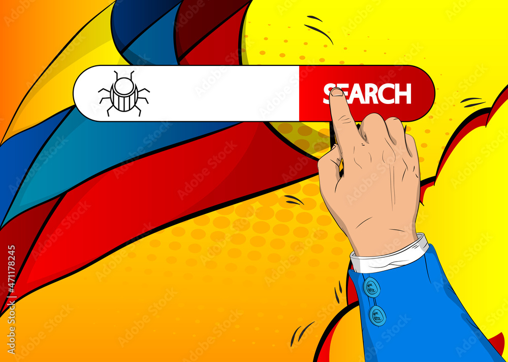 Virtual search bar with Computer virus sign. Businessman pushing his ...