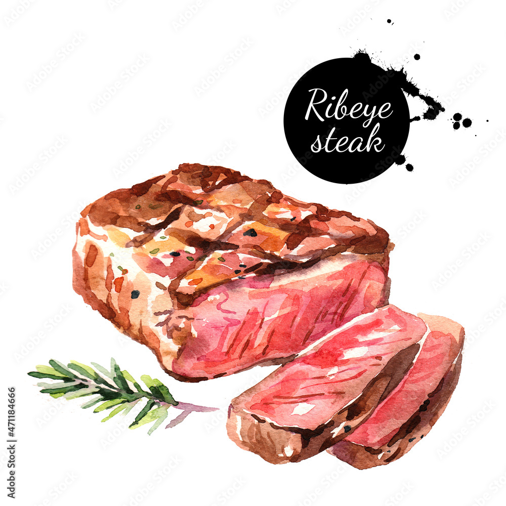 Watercolor ribeye steak. Isolated food illustration on white background ...