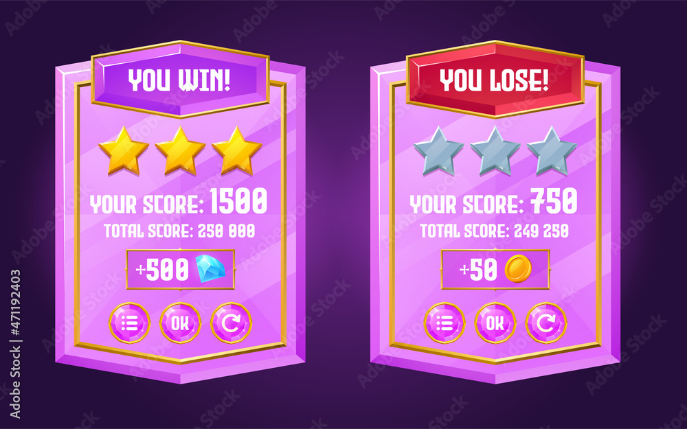 Vetor de Game ui interface boards with level score, win and lose ...