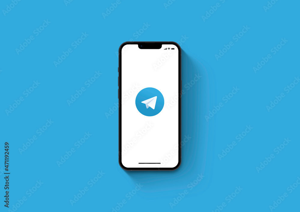 Telegram app on smartphone iPhone 13 Pro screen. Blue background. Rio ...
