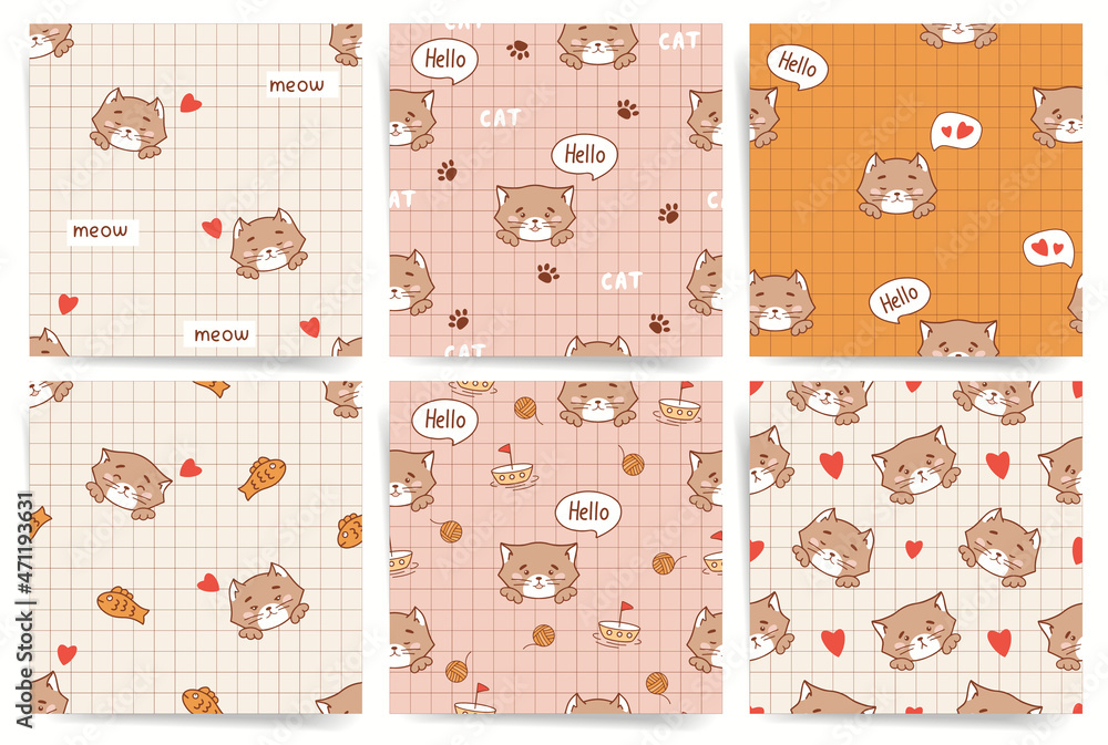 Set of cute seamless pattern with cats. Vector cartoon unisex ...