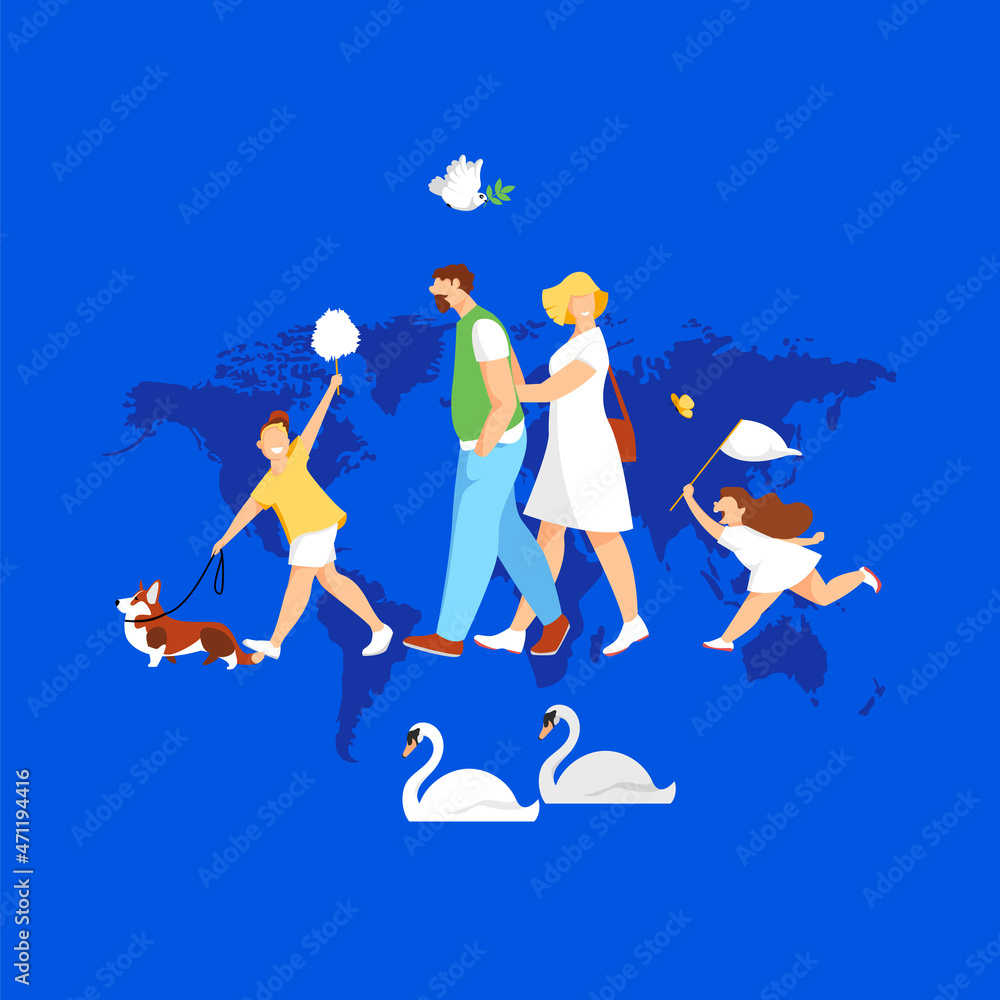 Vetor de people of the world. happy family. world map. the dove of ...