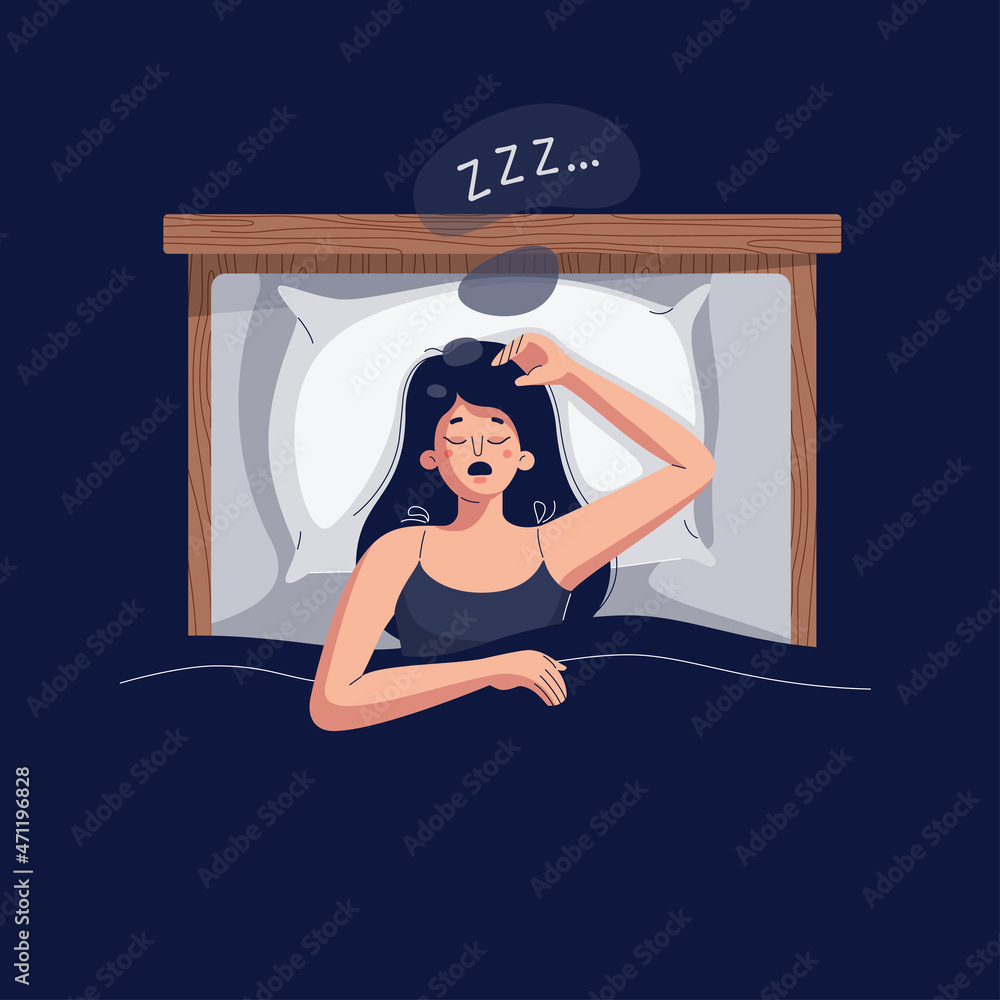 Snoring vector illustration. Woman lying in the bed, snores loudly with ...