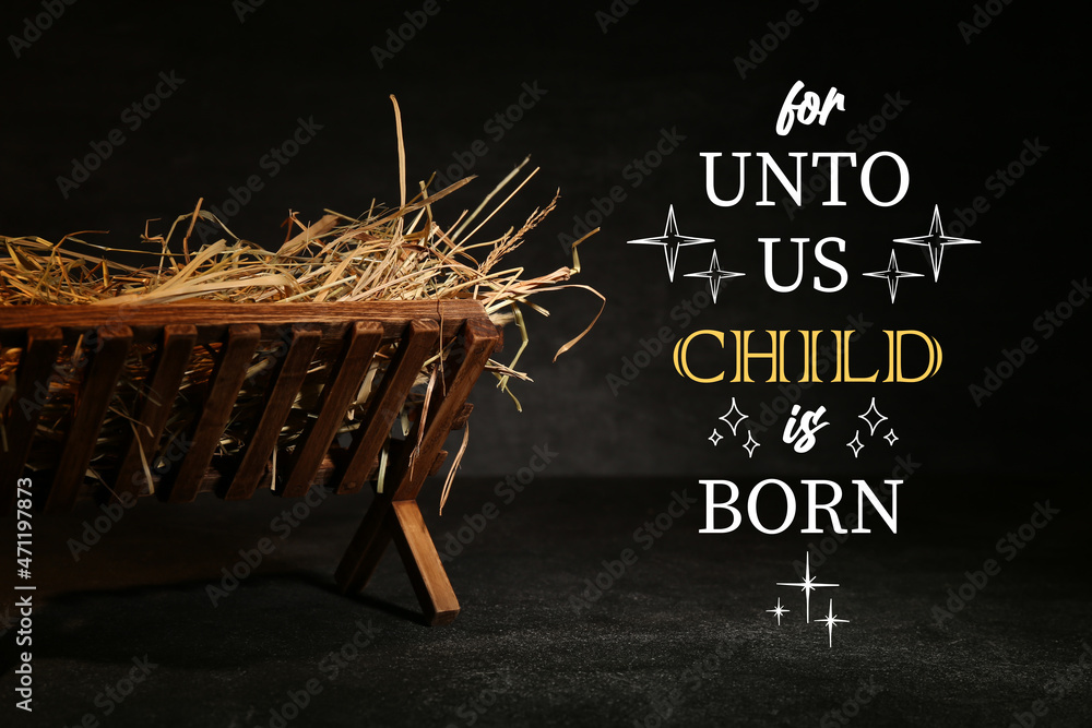 Poster Manger with hay on dark background. Concept of Christmas story ...