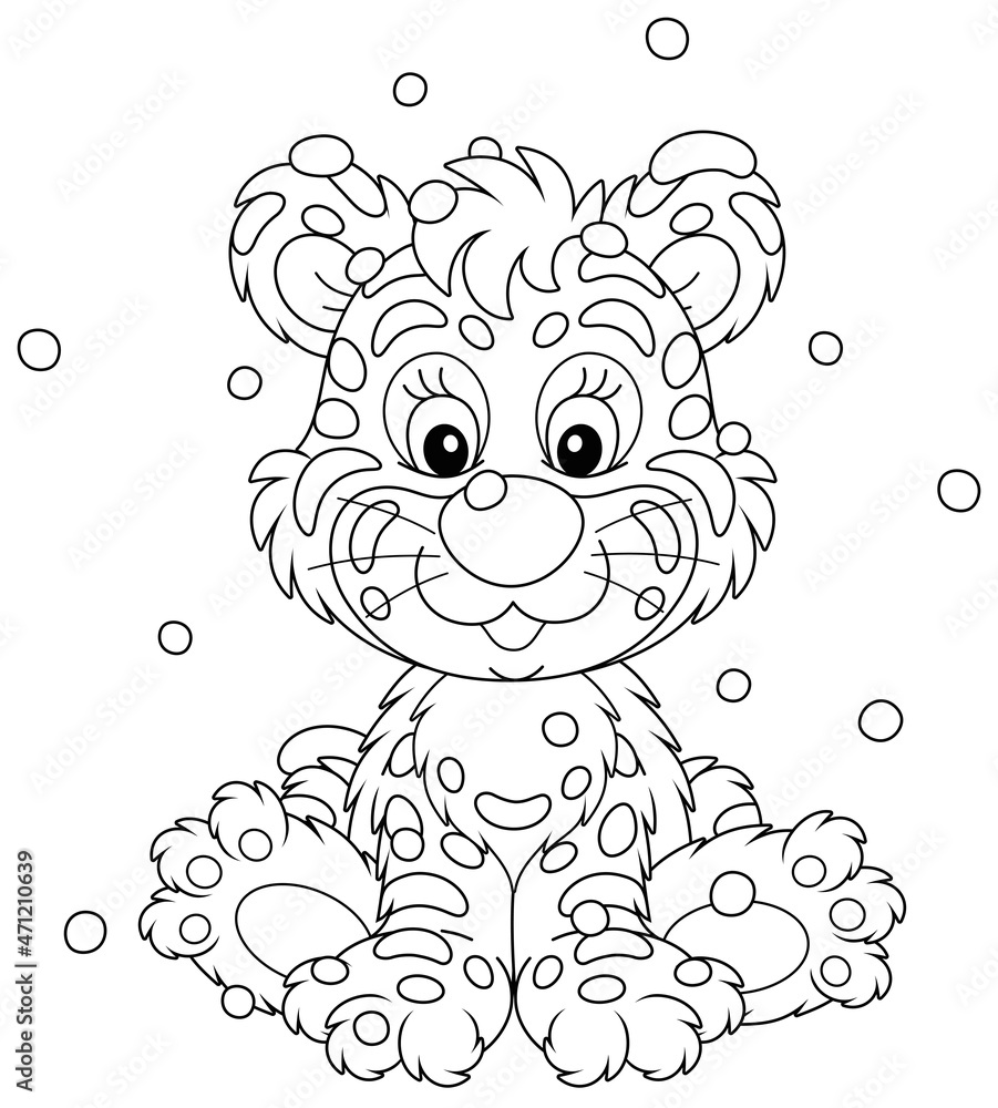 Friendly smiling cute baby tiger sitting on snow, black and white ...