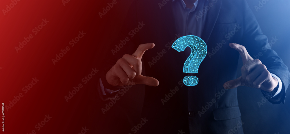 Question mark. 3d abstract on dark background with dots and stars. Ask ...