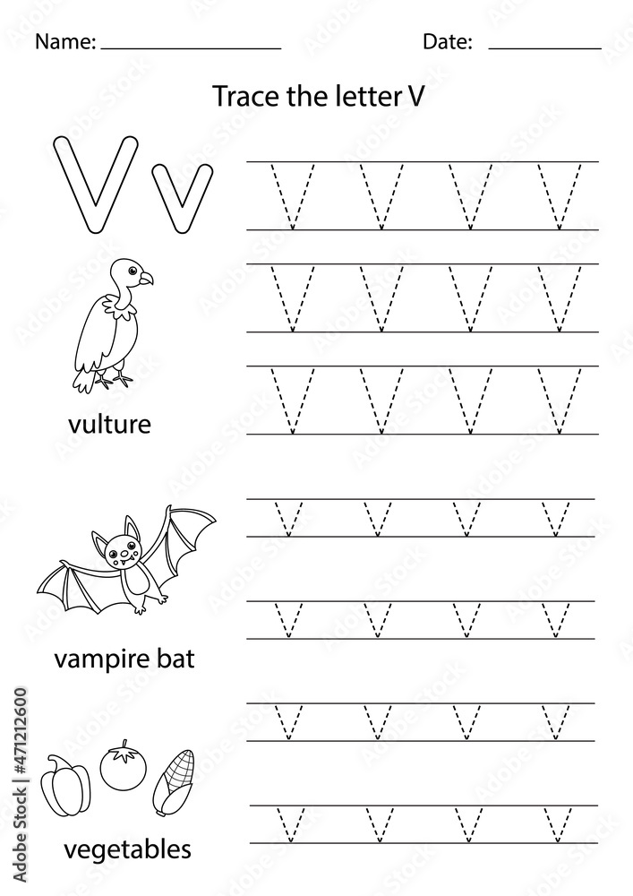Learning English alphabet for kids. Letter V. Stock Vector | Adobe Stock