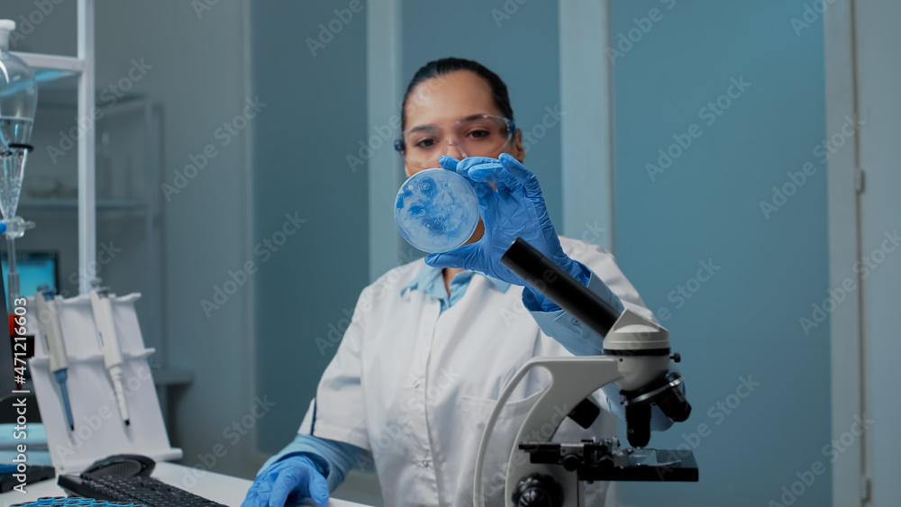 Portrait of chemistry doctor doing scientific investigation in ...