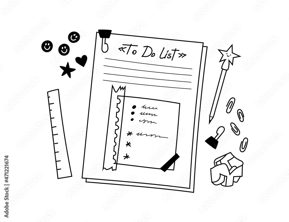 A hand-drawn to-do list and checklist page. Doodle sheets with notes, a ...