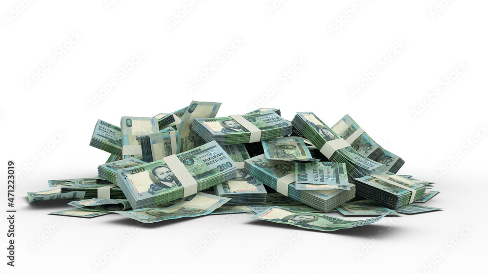 3D Stack of 200 Mozambican metical notes isolated on white background ...