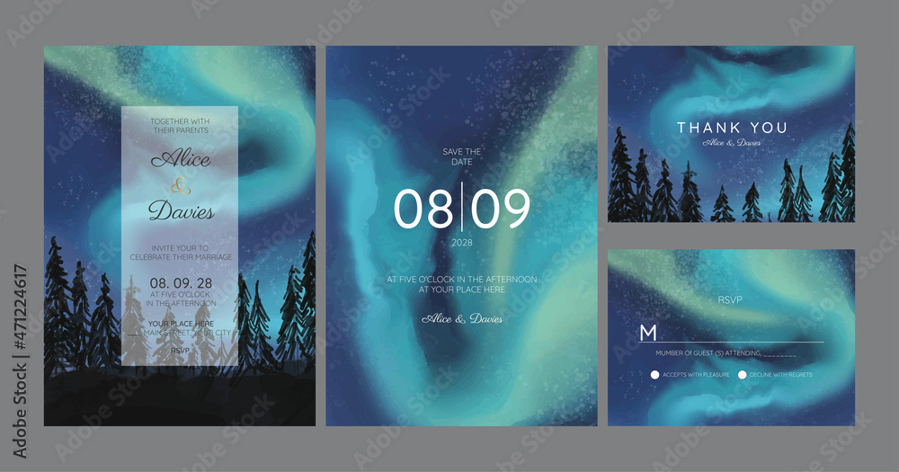 beautiful watercolor aurora borealis northern lights wedding invitation ...