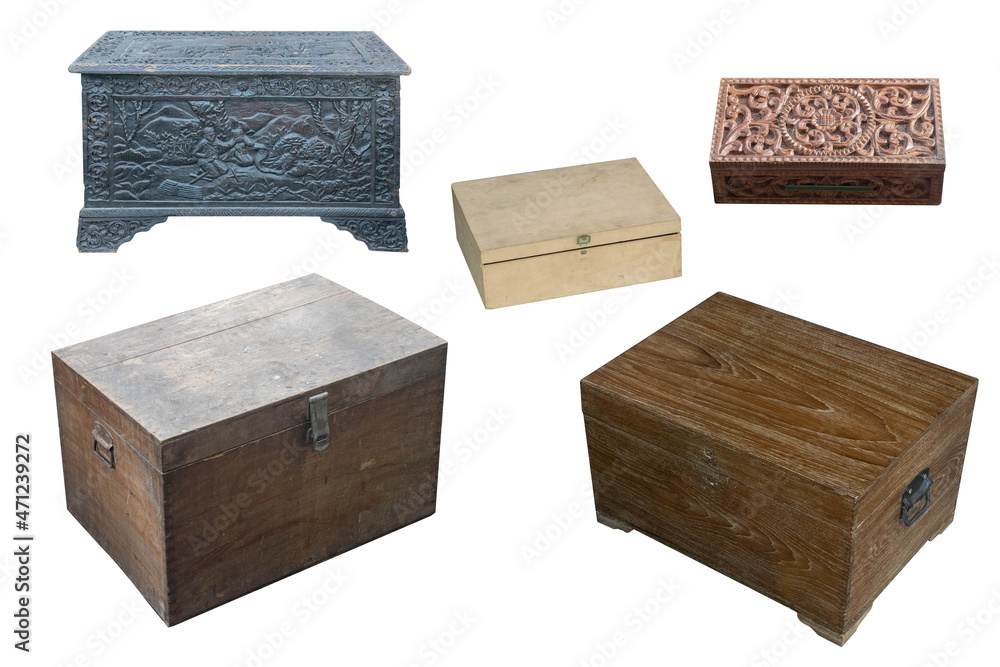 five old wooden boxes on white background, object, retro, ancient Stock ...