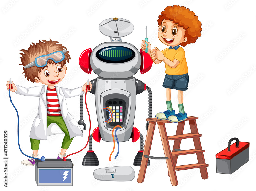 Children fixing a robot together Stock Vector | Adobe Stock