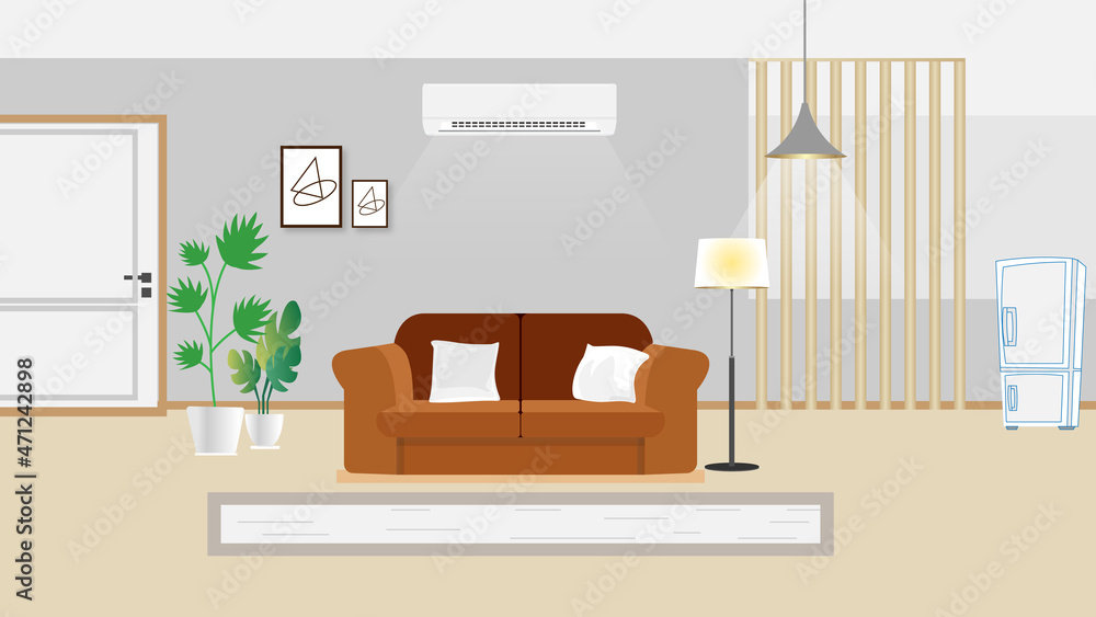 cartoon interior of a living room with sofa, Air condition, lamp full ...