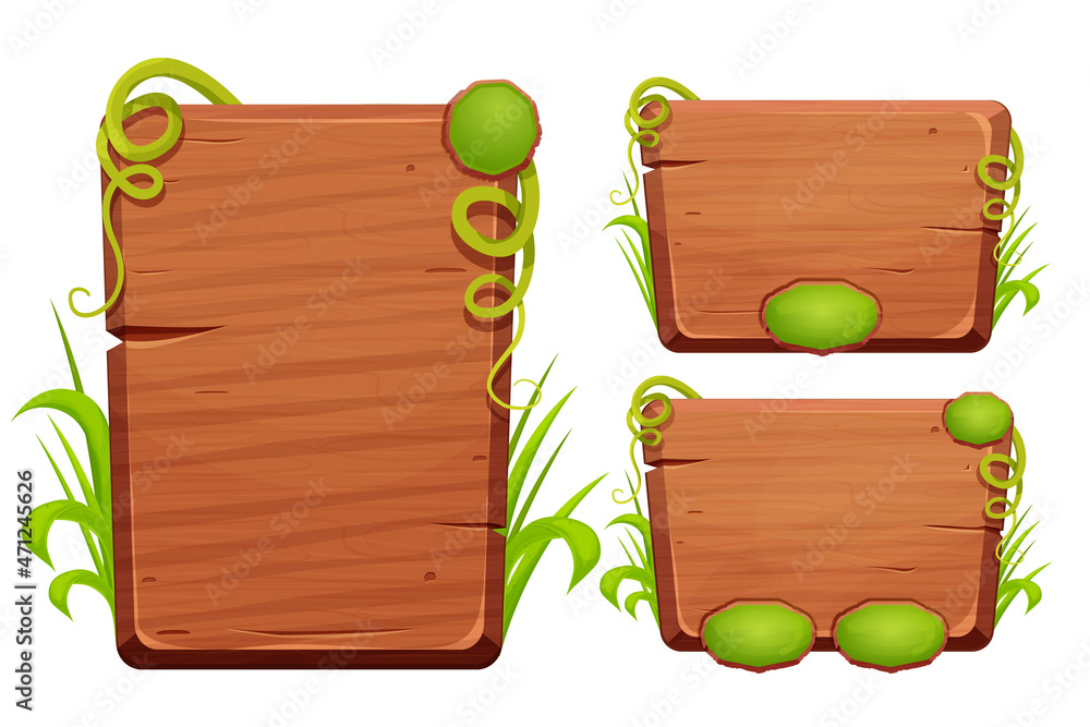 Set Jungle wooden frames with grass and liana, user interface, menu ...