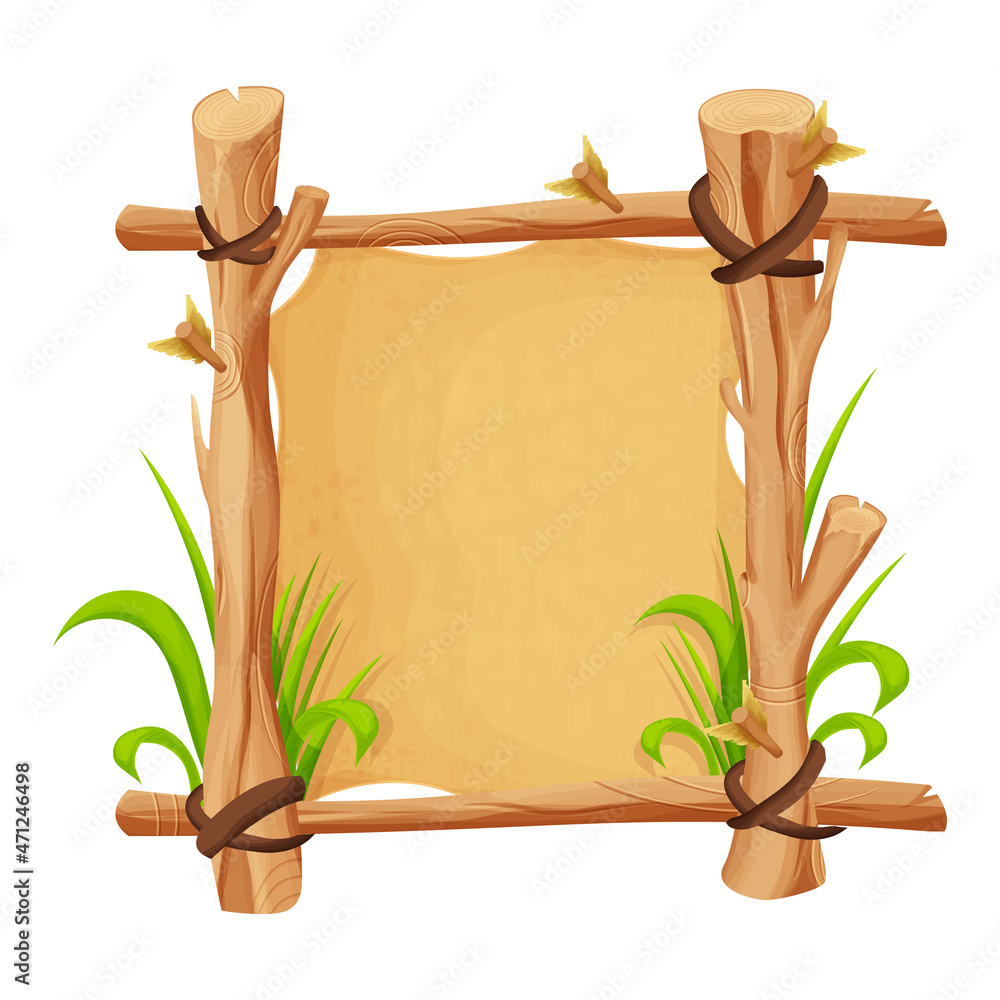 Frame from wood branch, sticks, old paper, leather rope, grass in comic ...