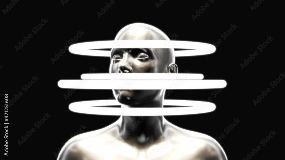 Abstract human body with flying neon rings on black background. Modern ...