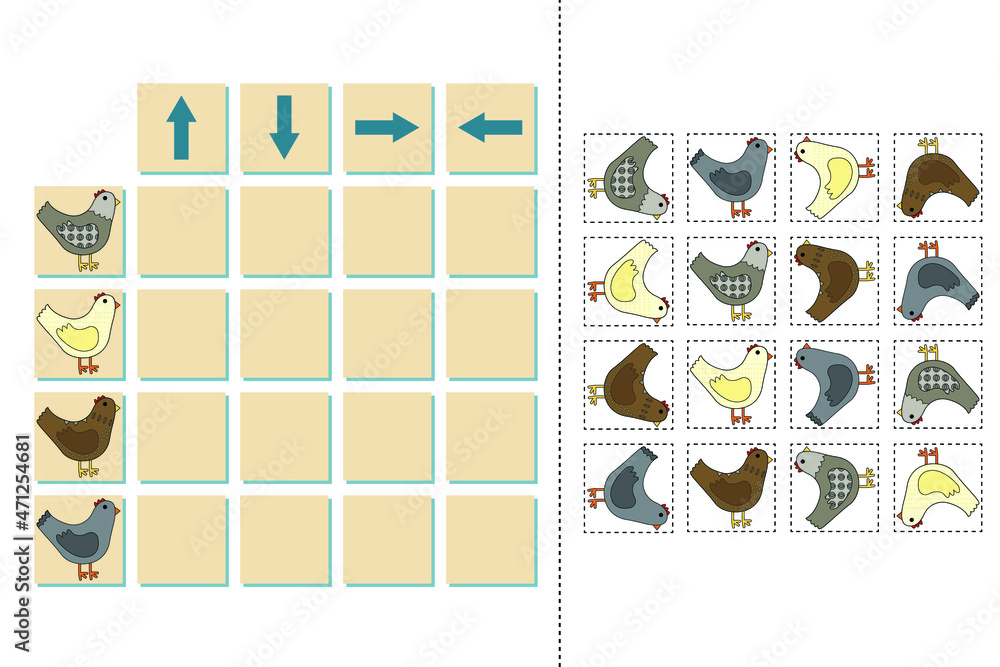 Match the pictures of pets chickens nd directions up, down, left and ...