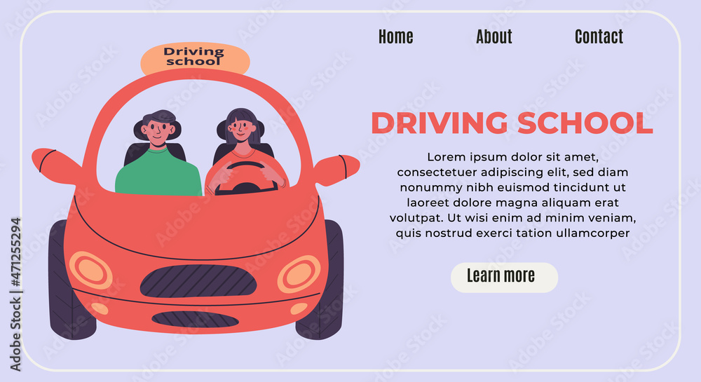 Driving school banner concept. Young woman drive little red car with ...