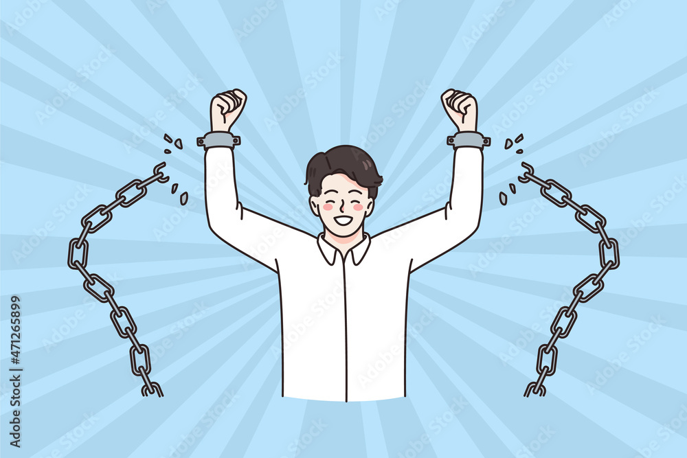 Freedom and releasing from chains concept. Young positive man standing ...
