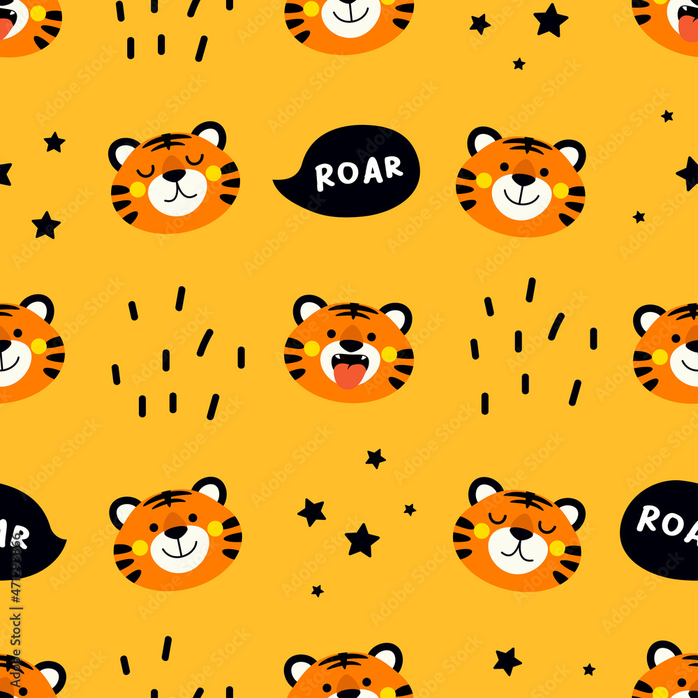 Tiger cartoon seamless pattern vector illustration. Cute Tiger face on ...