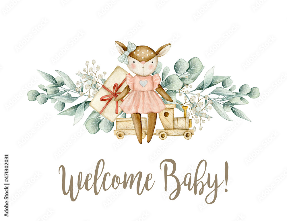 Watercolor illustration card welcome baby with eucalyptus branches ...