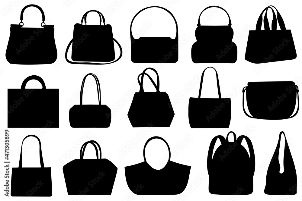 Bag silhouette vector. Lady fashion collection bags and backpack ...
