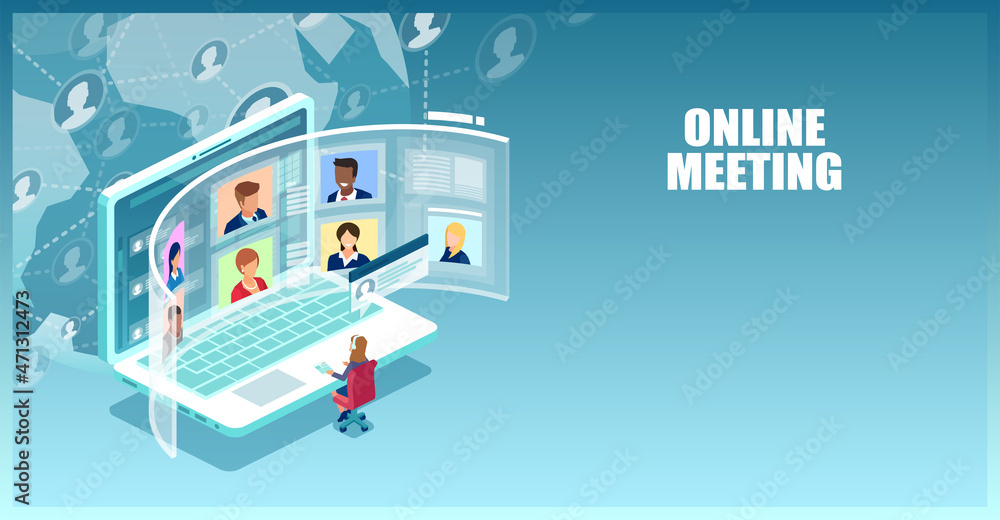 Vector of businesspeople using online meeting workspace page, video ...