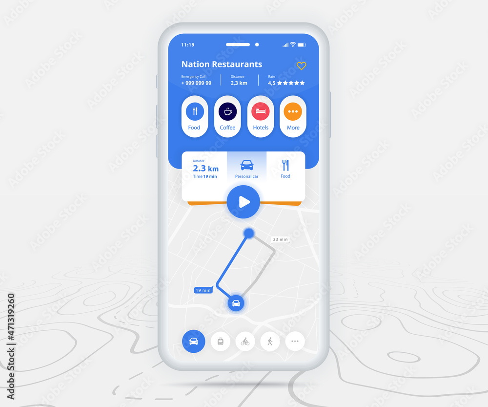 Map GPS navigation ux ui concept, Smartphone map application ...