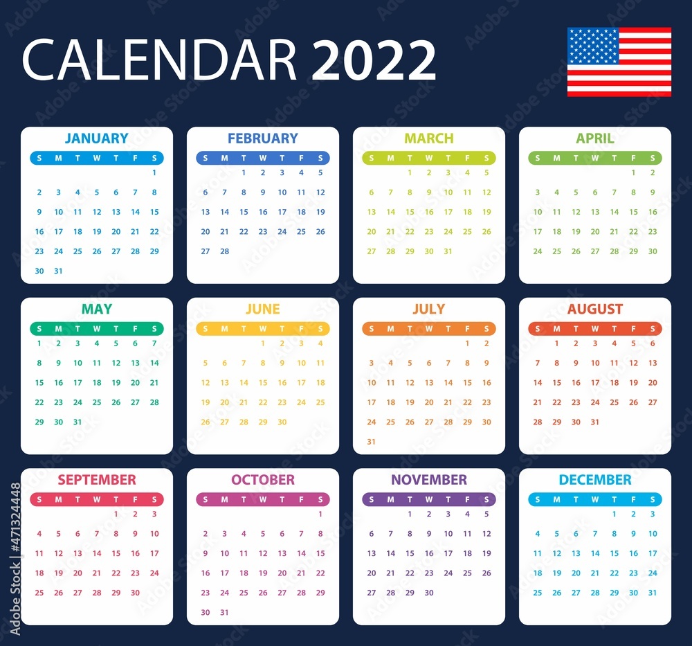 USA Calendar for 2022. Scheduler, agenda or diary template. Week starts ...