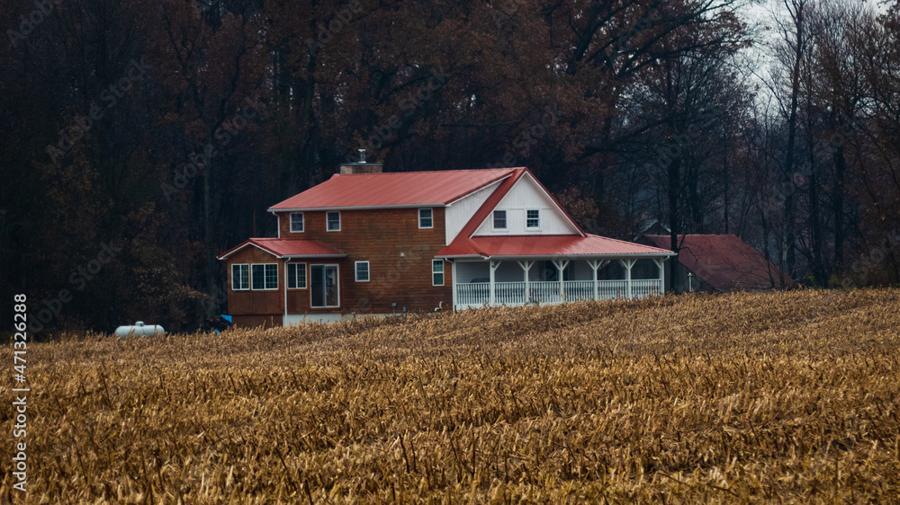 Log cabin style farm house in the middle of a field on a rainy fall ...