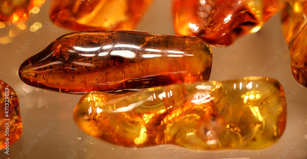 Bernstein im Licht. Polierter Bernstein. Bernstein ist ehemaliger Harz ...