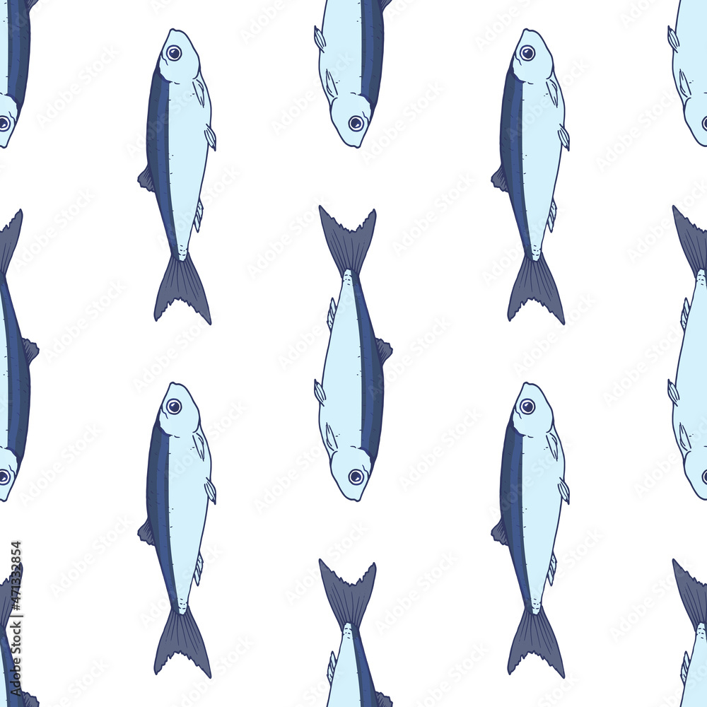 a pattern of blue sardines. Seamless drawing of a hand-drawn sketch of ...