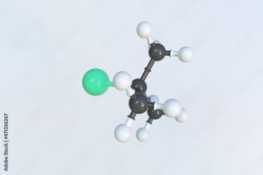 2-chloro-2-methylpropane molecule, isolated molecular model. 3D ...