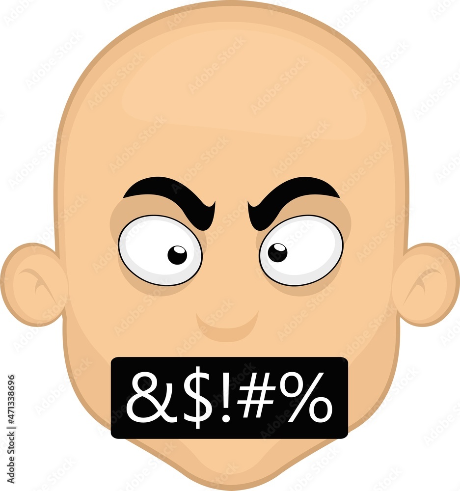 Vector illustration of a cartoon bald man's face with an angry and ...