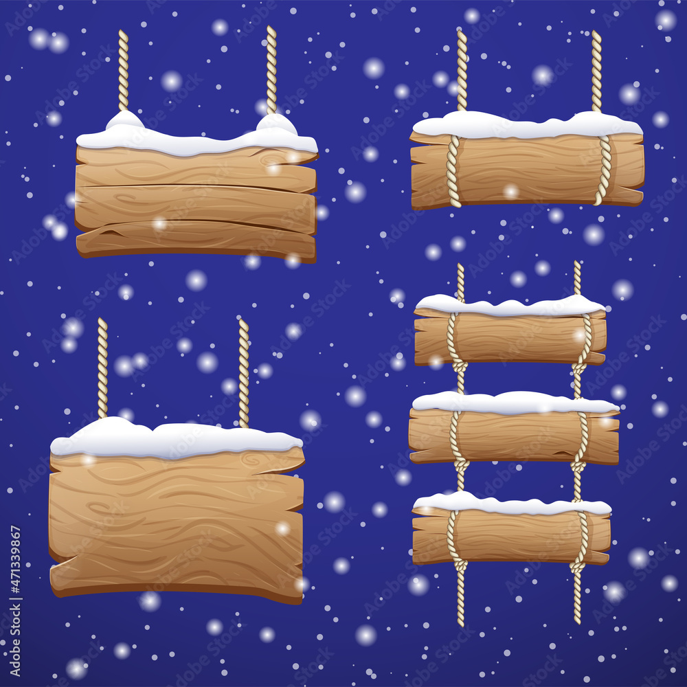 cartoon snowy wooden signboards, panels in snow caps. game assets of ...