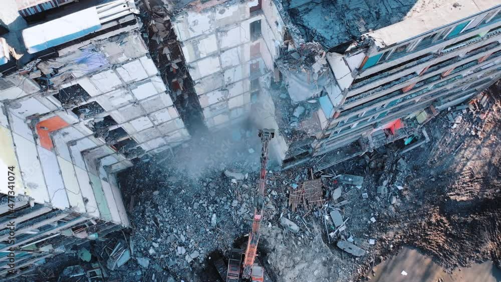 Construction of destroyed house. Destructive demolition building by ...